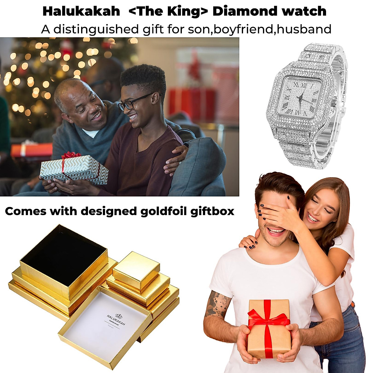 Halukakah Men's Watch - The King - Platinum Plated, 40MM Square Dial, Iced Out Wristband, Comes in Giftbox,Gift for Men Son Husband