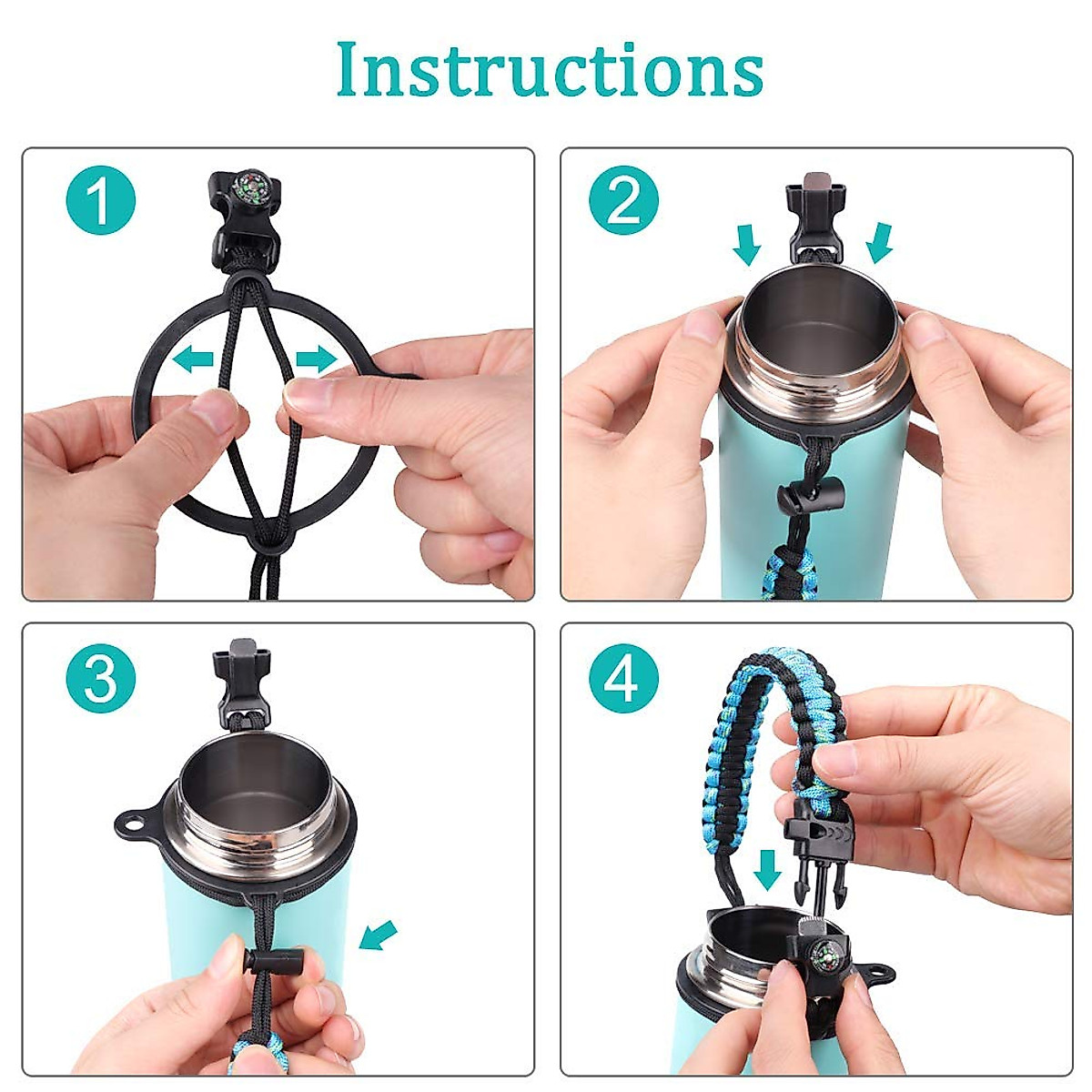 Paracord Handle - Fits Wide Mouth Bottles 12oz to 64oz - Durable Carrier, Paracord Carrier Strap Cord with Safety Ring,Compass and Carabiner - Ideal Water Bottle Handle Strap (Purple Blue Wide)