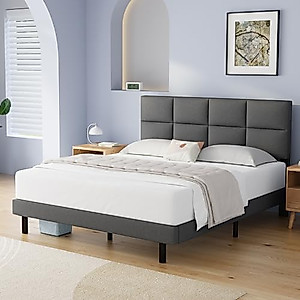 Molblly Queen Size Bed Frame with Upholstered Headboard, Strong Frame, and Wooden Slats Support, Non-Slip and Noise-Free, No Box Spring Needed, Easy Assembly, Dark Grey