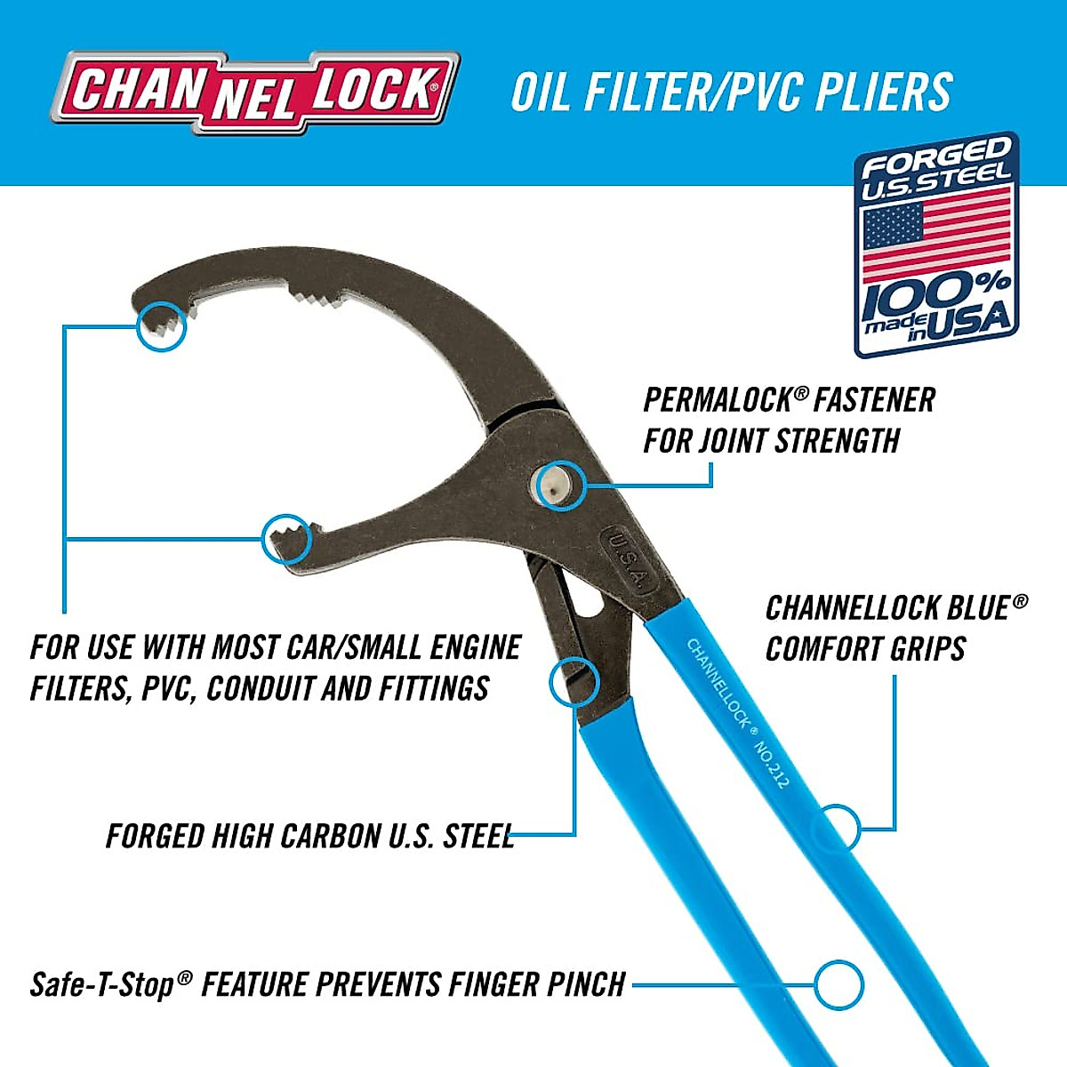 CHANNELLOCK 212 12-inch Oil Filter/PVC Pliers | Made in USA | 2.5 to 3.75-inch Jaw Capacity | Forged High Carbon Steel | Ideal for Engine Oil Filters, Conduit, and Fittings , Blue