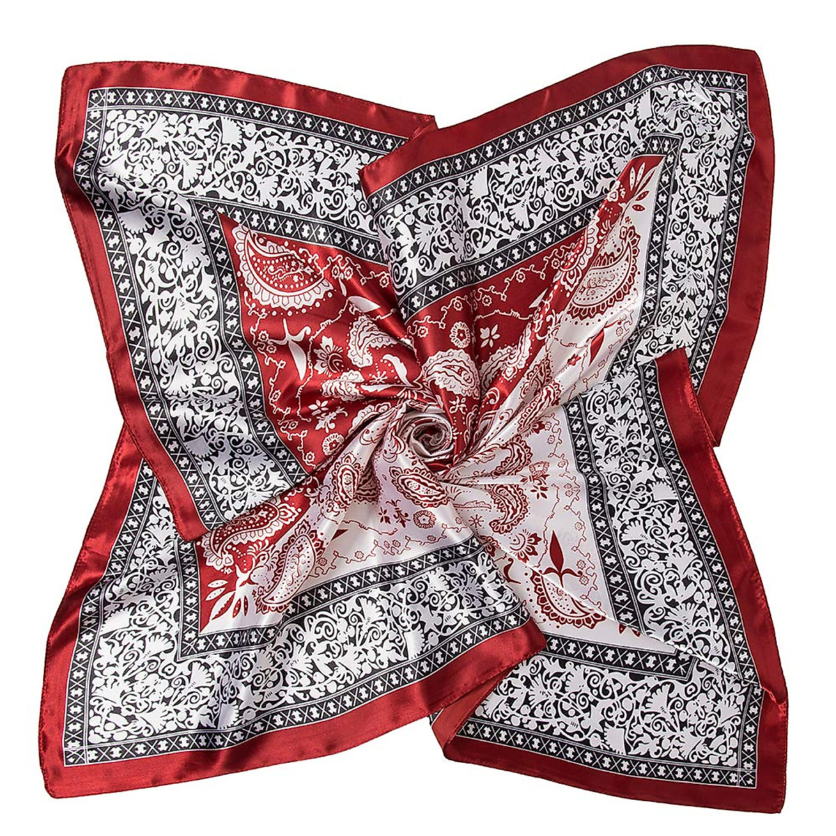 YOUR SMILE Silk Like Scarf Women's Fashion Pattern Large Square Satin Headscarf (Burgundy Bandanna)