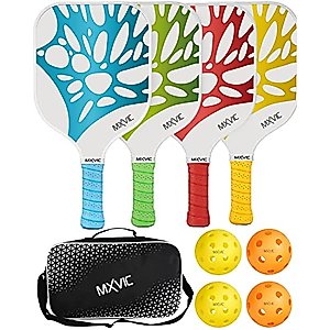 MXVIC Pickleball-Racket-Set 4 Pack with Balls and Paddle Case, Fiberglass Pickle-Ball Paddle Set of 4 for Adults, Kids | USAPA Compliant Pickleball Gear for Beginner, Adults, Kids, Men, Women