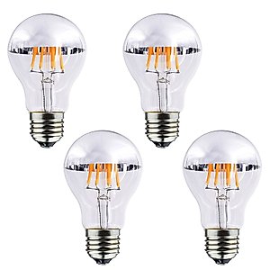Lxcom Lighting A19 Half Chrome Silver LED Light Bulb 8W Dimmable Silver Bowl Tipped Mirror Bulbs 80W Equivalent Warm White 2700K E26 E27 Base Decorative Filament Vintage Edison Bulb, AC110V(4 Pack)