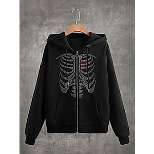 SHENHE Women's Punk Skeleton Graphic Zip Up Hoodie Oversized Rhinestone Drawstring Sweatshirt Black S