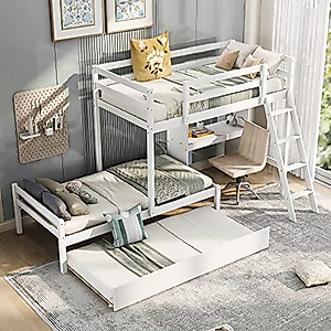 MOEO Twin Over Twin Bunk Bed with Trundle and Ladder for Kids, Adults, Wooden Bunkbed Frame w/Convertible Built-in Desk & Down Bed, Save Space, No Box Spring Required, White
