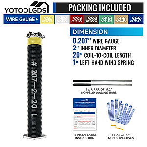 YoToolGDS Left Hand Wind（Black Cone）2" Garage Door Torsion Spring with Non-Slip Winding Bars & Gloves, High Precision Electrophoresis Black Coated, for Replacement, MIN 16,000 Cycles (0.207x2''x20'')