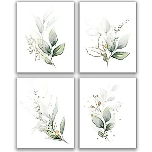 Botanical Plant Simple Life Green Leaf Painting Bathroom Wall Decor Art Print Set of 4(8”X10”), Watercolor Modern Bohemia Botanical Floral Leaves Kitchen Plant Pictures, Boho Leaf Eucalyptus Wall Décor