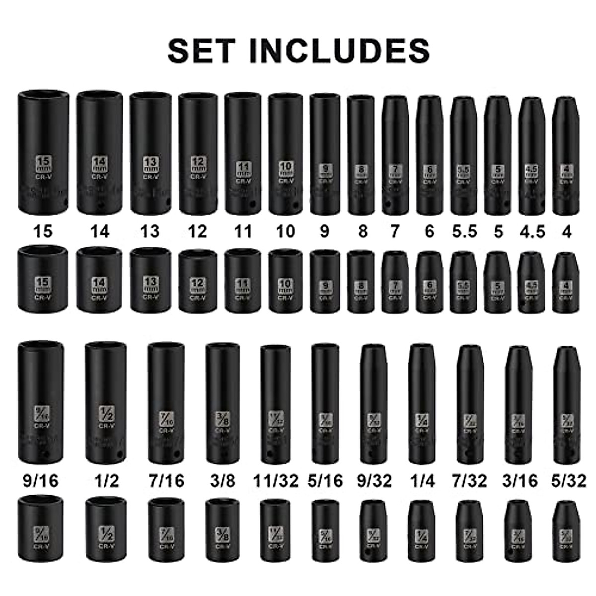 Mayouko 50PCS 1/4 Inch Drive Master Impact Socket Set,Metric/SAE,Deep/Shallow,6 Point,CR-V, 5/32 Inch - 9/16 Inch, 4mm - 15mm.