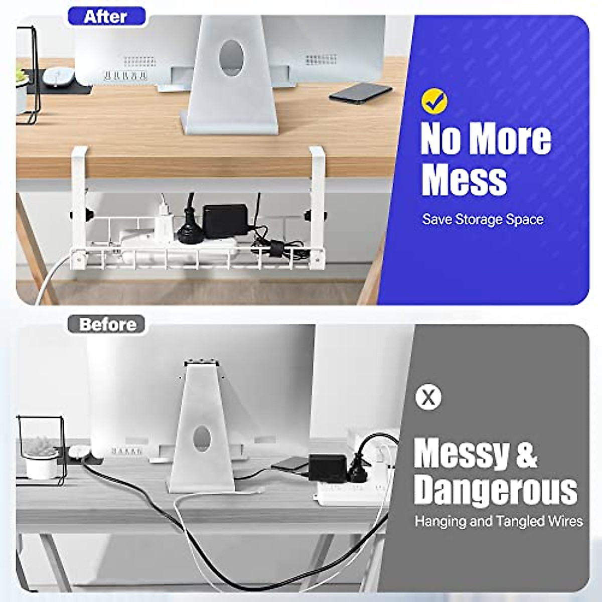 Under Desk Cable Management Tray, Xpatee Upgraded Wire Management No Drill No Screws, Cable Tray with Clamp for Desk Wire Management, Computer Cable Rack for Office, Home - No Damage to Desk White