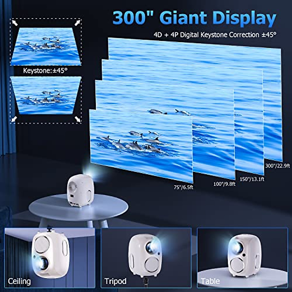 4k Projector with Wifi and Bluetooth, TOWOND Smart Projector with Android 9.0, 12000 Lumens Portable Video Projector, Full HD 1080P 4K Compatible with Smartphone/TV Stick/HDMI/USB/AV for Home Theater