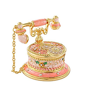 QIFU Hand Painted Telephone Pink Enameled Jewelry Trinket Box with Hinged Unique Gift for Home Decor