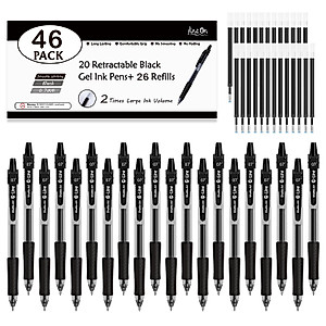 Black Gel Pens, 46 Pack(20 Gel Pens with 26 Refills) Lineon Retractable Medium Point Gel Pens Smooth Writing with Comfortable Grip for Office School