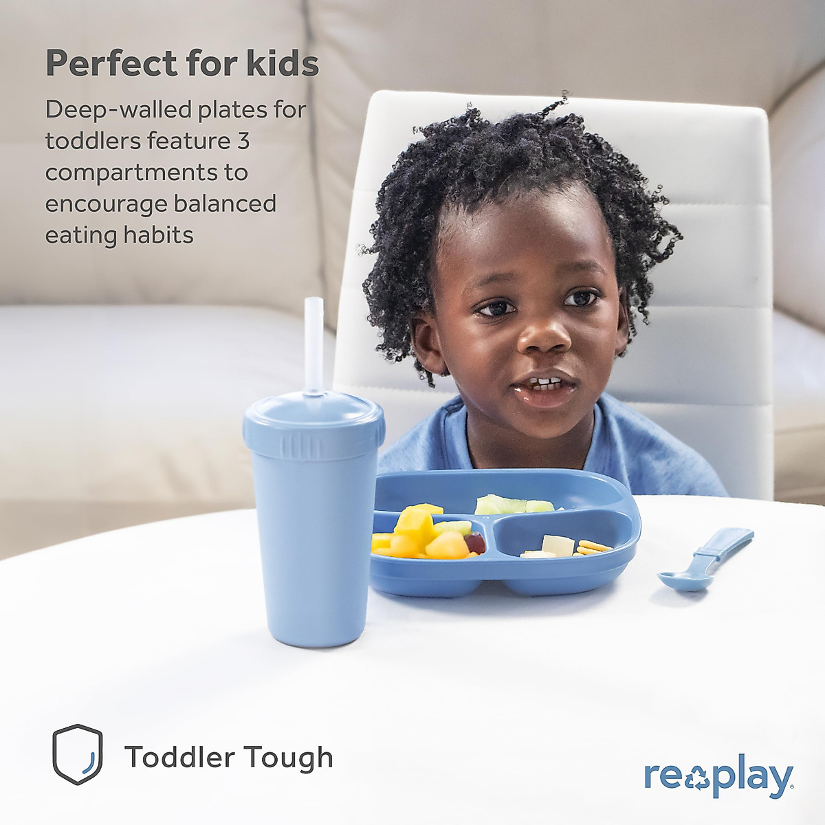 Re-Play Made in USA Deep Walled 3 Compartment Plates, Pack of 6 - Reusable Divided Plates for Kids, Dishwasher and Microwave Safe - Durable Toddler Plates 7.37" x 7.37" x 1.25", Meadow