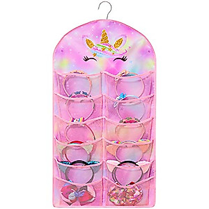 FIOBEE Girls Headband Holder Unicorn Wall Hanging Organizer with Pockets Hair Bow Storage Hairband Holder Display for Wall Closet Kids Room