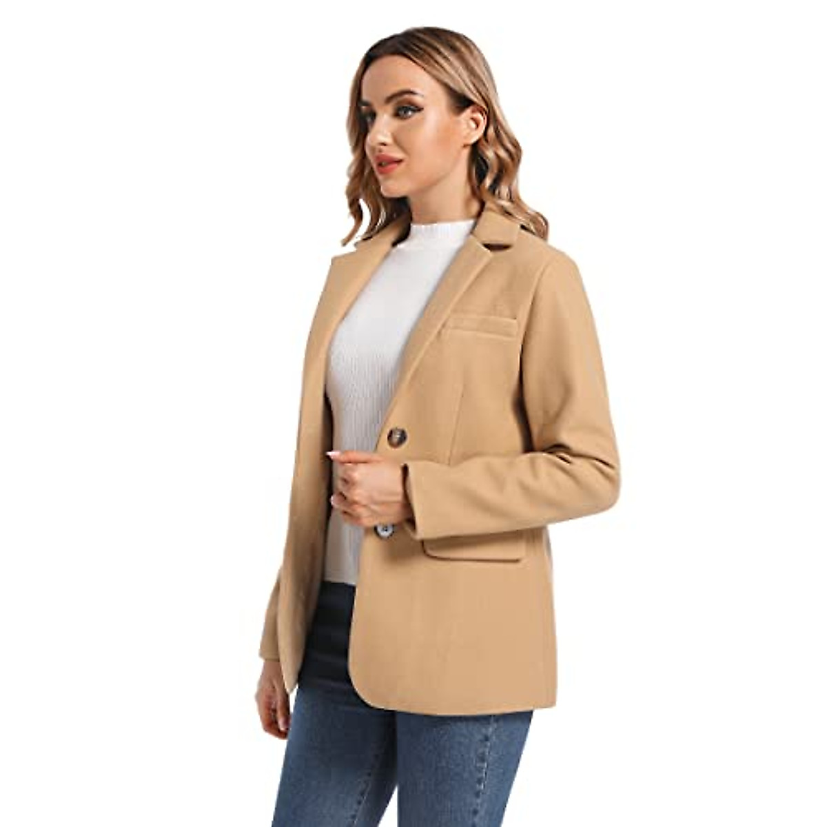 TONCHENGSD Women's Long Sleeve Two Button Wool Blend Blazer Suit Jacket (B-Khaki, S)