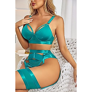 Avidlove Garter Set Lingerie for Women High Waisted Underwire Bra and Panty Sets Sexy Push Up Boudoir Outfits(Blue,XL)