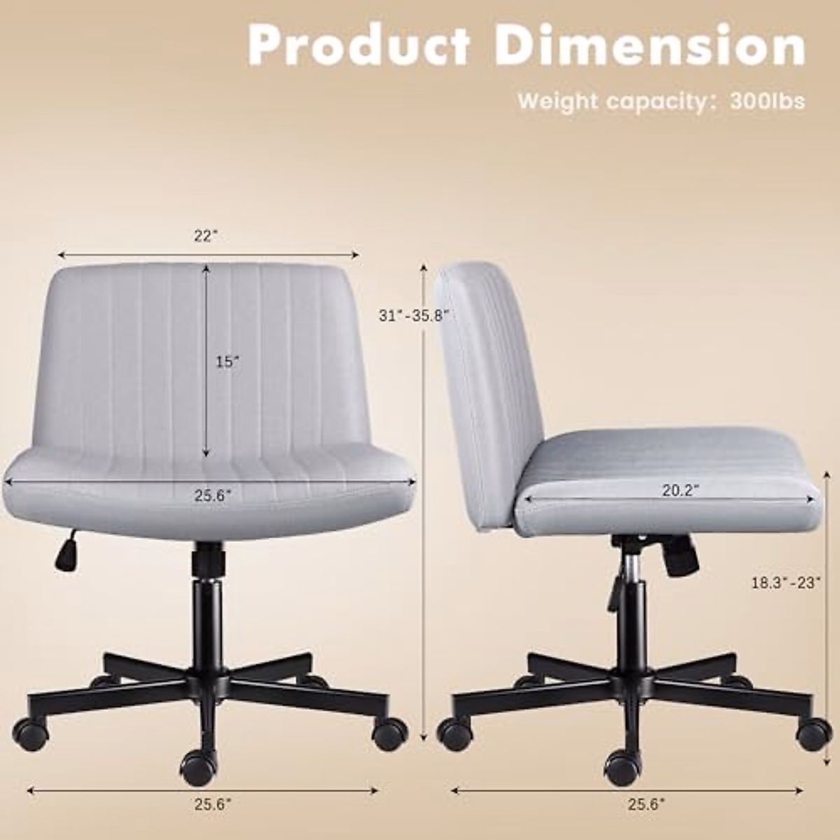 LEMBERI Criss Cross Chair with Wheels, Armless Wide Cross Legged Office Chair, Mid Back Swivel Computer Task Vanity Chairs for Home, Make Up,Small Space, Bed Room,Grey