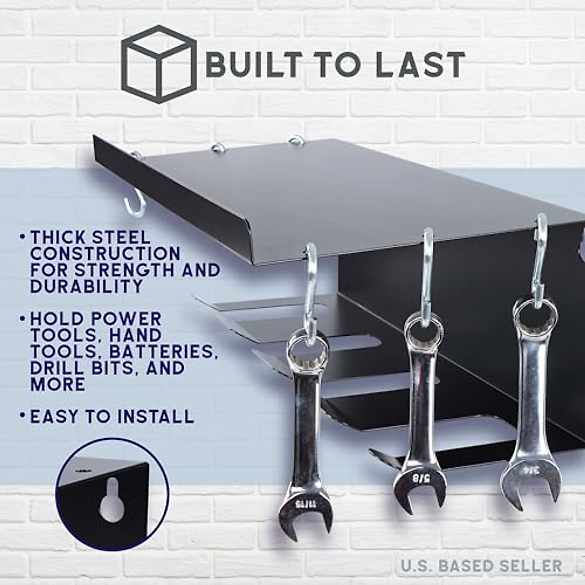 BISupply Power Tool Organizer Wall Mount Storage Rack with Shelf and Hooks - Cordless Drill Holder and Tools Storage