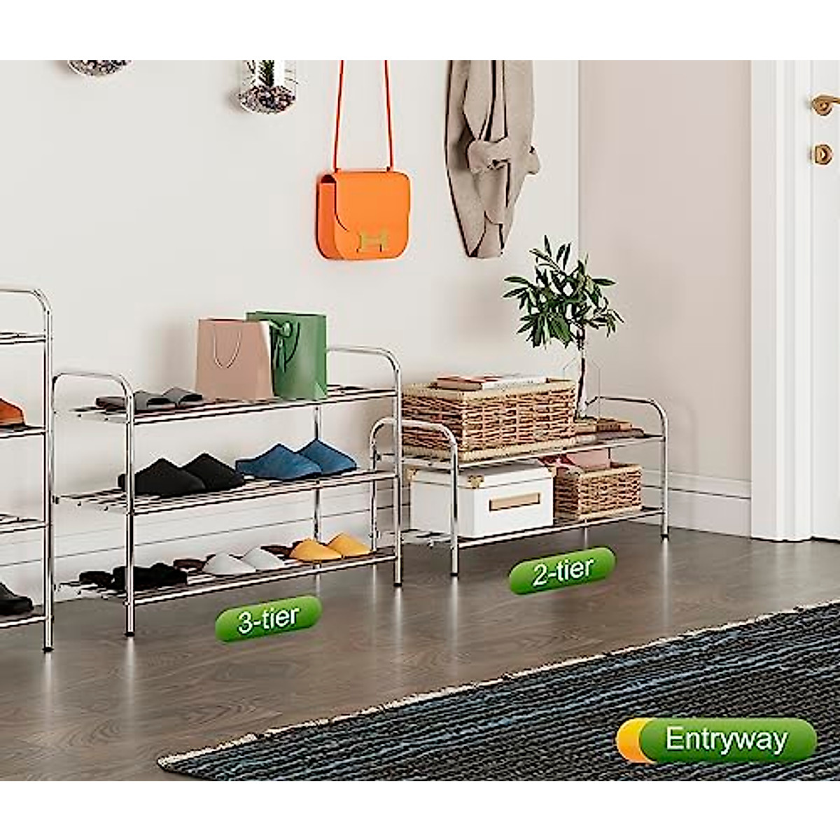 SKIKEN 2-Tier Low Shoe Rack, 100% Stainless Steel, Small Expandable Shoe Rack, Stretchable Rod, No Rust, Easy to Care, Simple Metal Storage Rack For Entrance, Stairs Side, Closet, Bathroom