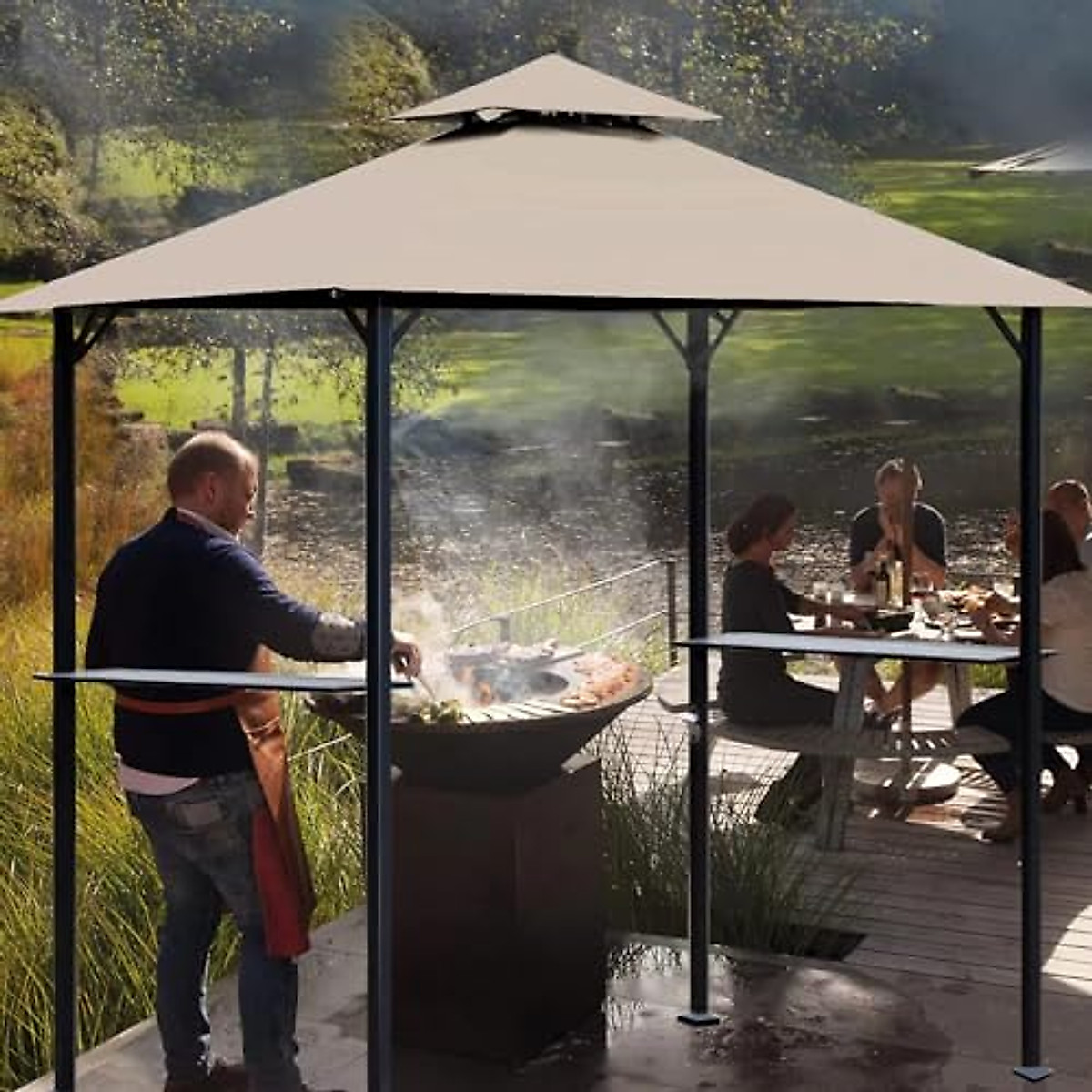 8' x 5' Grill Gazebo Replacement Canopy, Replacement Canopy Top Cover, Double Tiered Replacement Canopy, BBQ Gazebo Roof Top, Beige