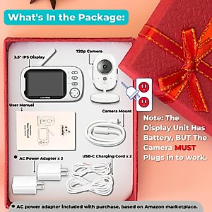 CALMPER Camper Video Baby Monitor with Camera and Audio - 3.5” Non WiFi Baby Monitor Camera with up to Overnight 2000mAh Battery - 1000ft VOX Long Range Baby Monitor No WiFi (2000mAh+FlexMount)