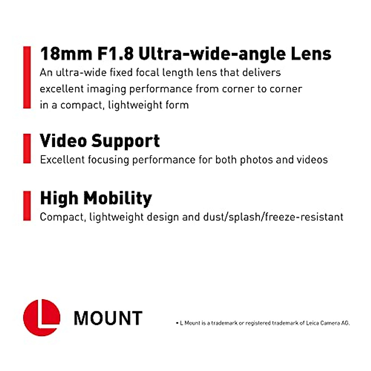 Panasonic LUMIX S Series Camera Lens, 18mm F1.8 L-Mount Interchangeable Lens for Mirrorless Full Frame Digital Cameras - S-S18