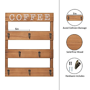 EMAISON Solid Wood Coffee Mug Holder Wall Mounted, Rustic Cup Rack with 8 Hooks Large Space for Big Cups for Kitchen, Home, Coffee Bar Station (Brown)