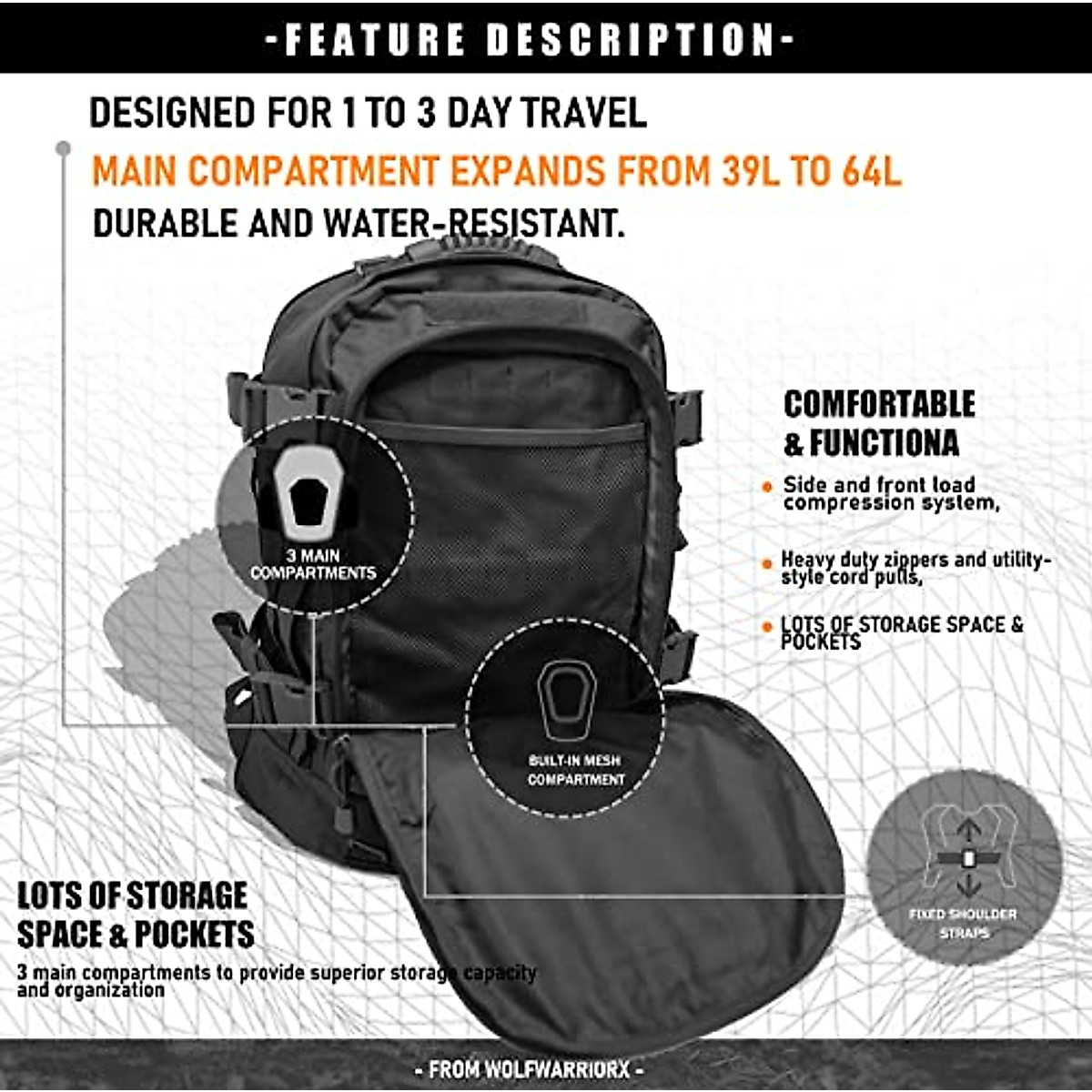 WolfWarriorX Tactical Backpack for men Military Army Expandable 3 Day Pack for Camping Hiking