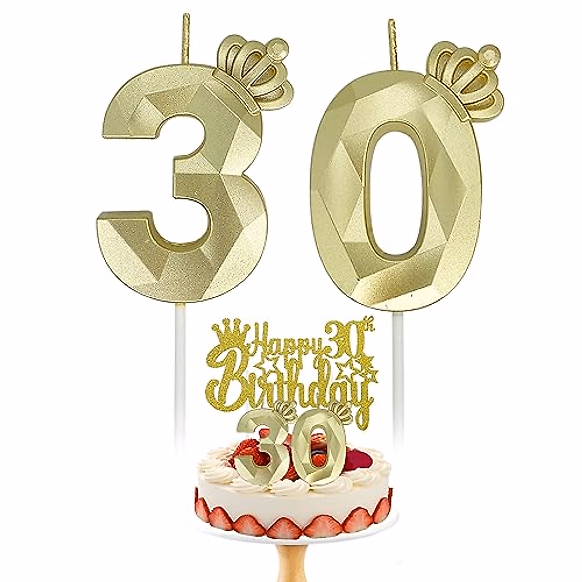 Number 30 Diamond Crown Birthday Candle (Gold)