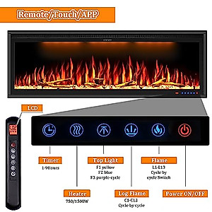 Benrocks 74'' Slim Electric Fireplace Inserts - WiFi-Enabled, Alexa & App Control, Recessed & Wall Mounted, 13 * 13 * 3 Flame Color Combinations, 750W/1500W, Black