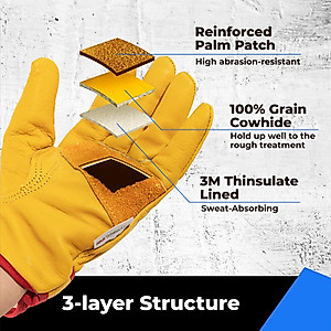 toolant Winter Leather Work Gloves, Warm Thinsulate Lining for Cold Weather Work, 100% Full Grain Cowhide with Abrasion and Puncture Resistance, Size Large