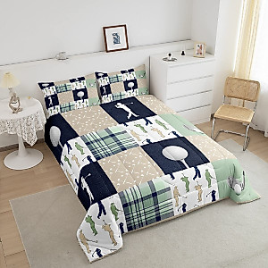 Castle Fairy Golf Plaid Comforter Set Twin Size,Ball Sports Lover Style Bedding Set for Kids Boys Men,Green Buffalo Grid Geometric Quilted Duvet Set with 1 Pillowcase