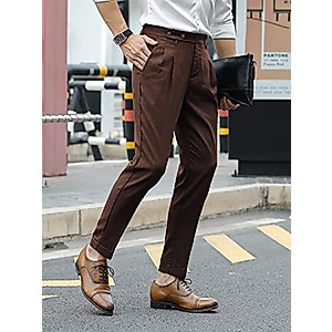 SweatyRocks Men's High Waist Fold Pleated Crop Suit Pants Work Office Business Long Trousers with Pockets Coffee Brown M