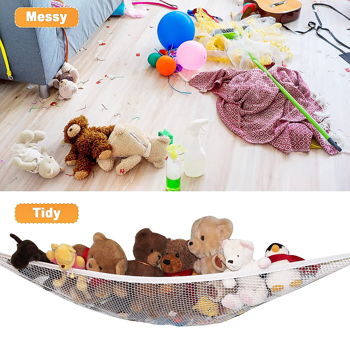 Storage Hammock Nets Toy Net Holder Stuffed Animal Hammocks Toy Mesh Hammock Jumbo Wall Sling Corner Mesh Toy Organizer with Hooks for Bedroom Plush Toys (White)