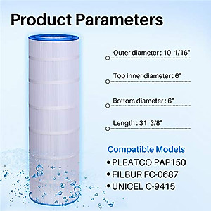 TOREAD Pool Filter Replacement for Pentair CC150, CCRP150, PAP150, PAP150-4, Unicel C-9415, R173216, 59054300, Filbur FC-0687, 160317, 160355, 160352, 150 sq. ft. Cartridge, L x OD: 31 1/8" x10 1/16"