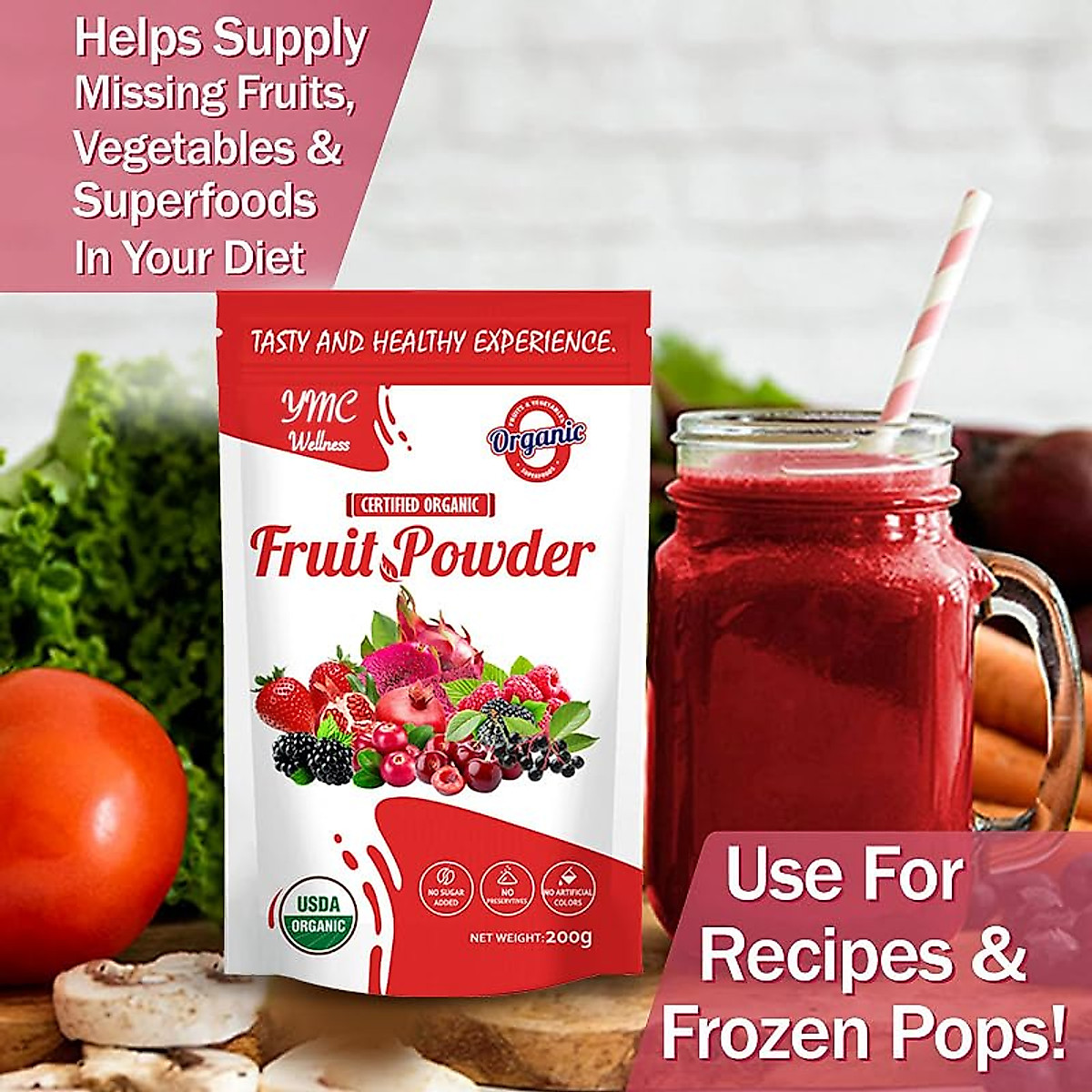 Organic Superfood Fruit Powder Smoothie & Juice mix - Antioxidants Rich Nutrients. Digestive Health, Weight Management, Immune Boosting, Energy boosting, Vitality, Vegan, Non- GMO, Gluten Free, Vegan.