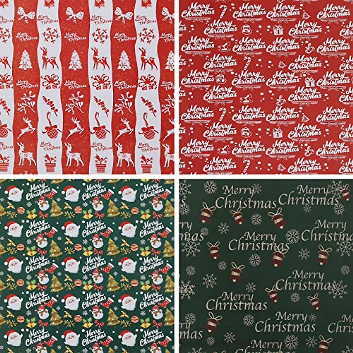 Aimyoo Red and Green Christmas Gift Wrapping Paper Bundle 4 Rolls 17 in x 16 ft per Roll, Merry Christmas Santa Claus Bells Deer Candy Canes Design