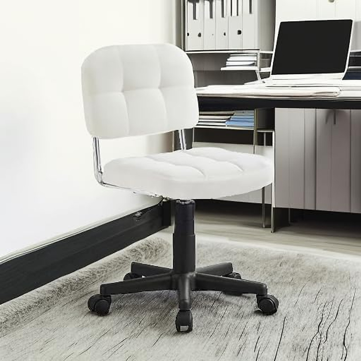 VECELO Modern Armless Home Office Desk Chair, 360°Rolling Swivel Adjustable Height for Make Up/Bed Room/Small Space, Linen Fabric, White