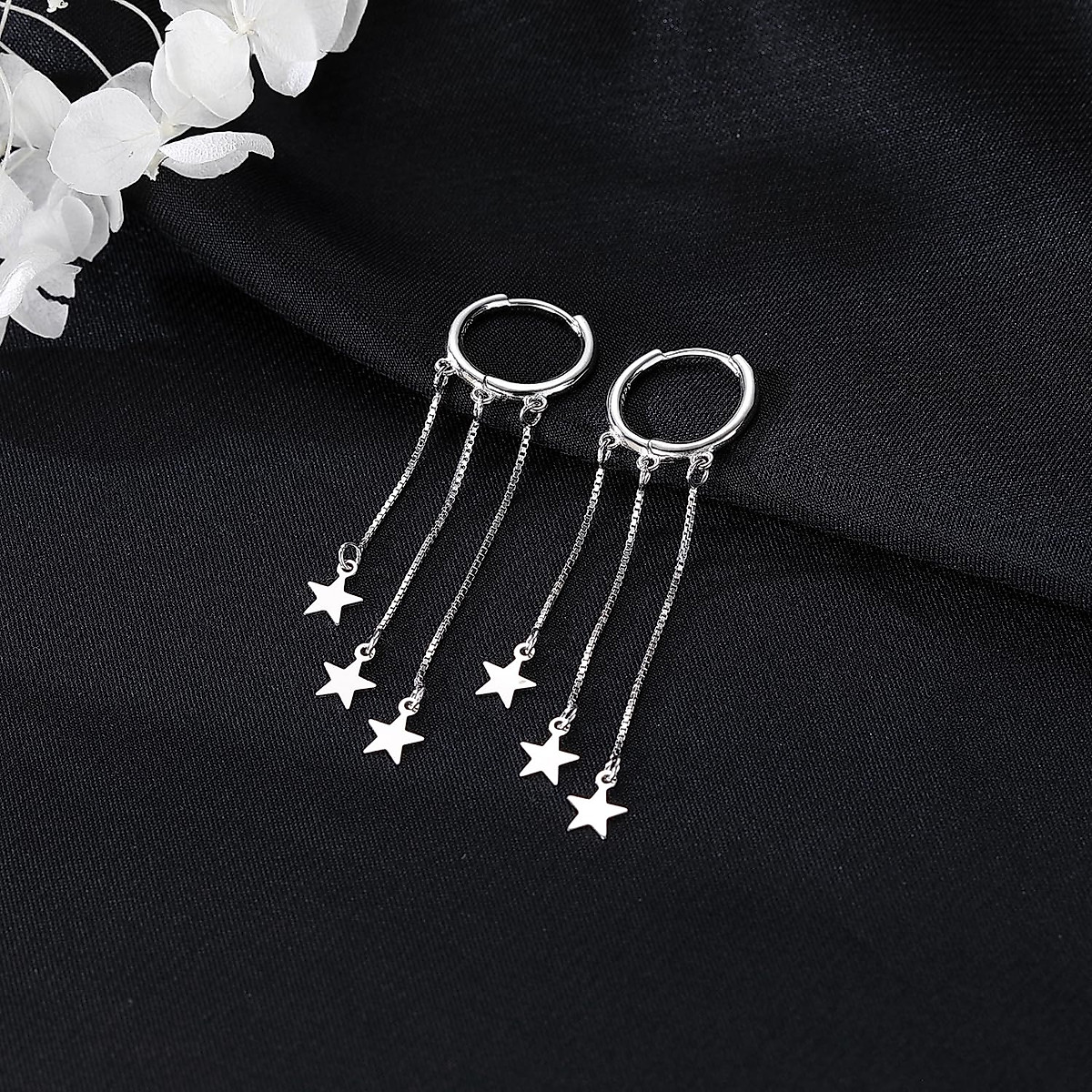 SLUYNZ 925 Sterling Silver Star Hoop Earrings for Women Star Dangle Earrings Hoop Tassel (A-Silver)