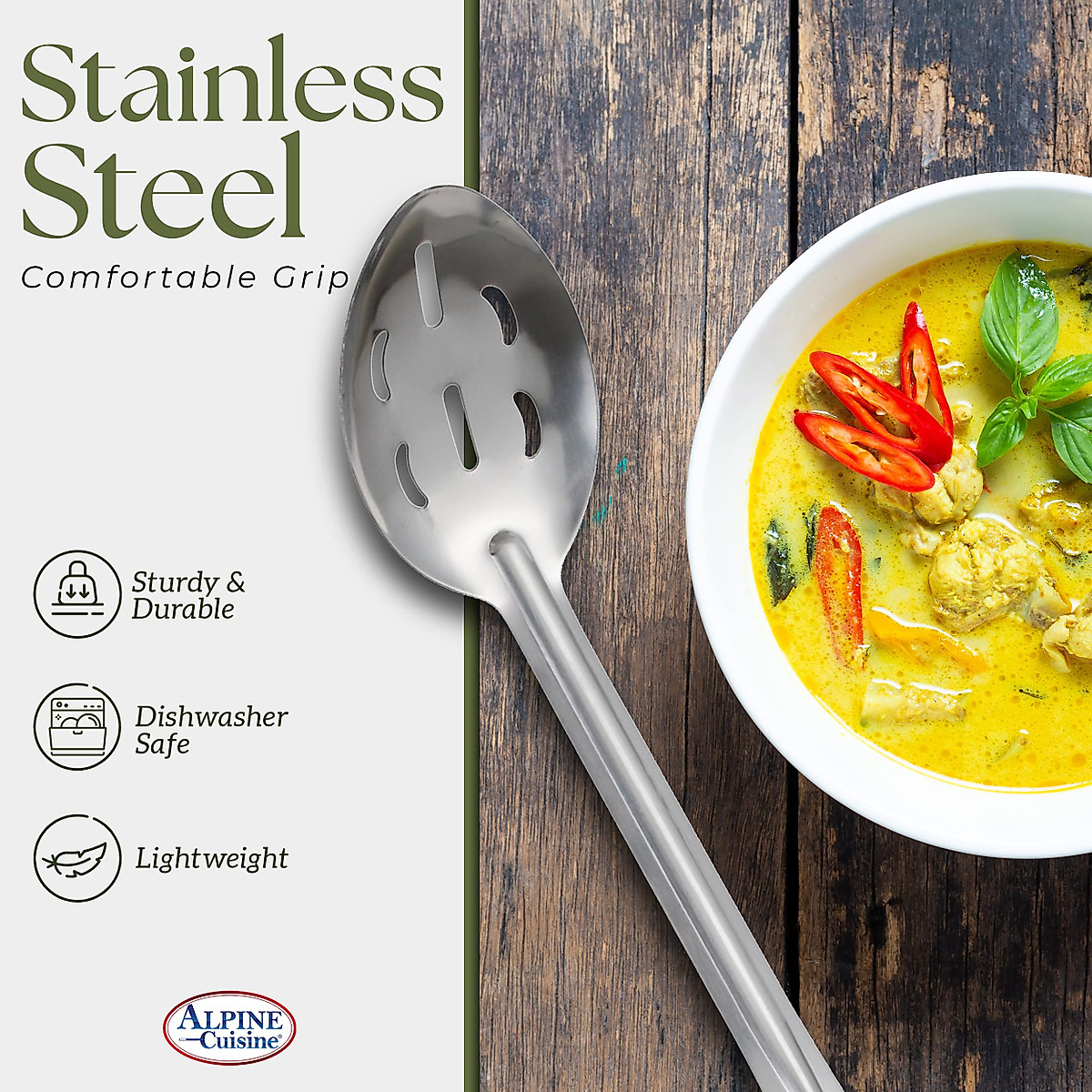 Alpine Cuisine Stainless Steel 13in Slotted Spoons, Kitchen Quick Cooking Straining & Serving Spoon with High Heat Resistant, Comfortable Grip Handle & Durable, Easy to Uses & Dishwasher Safe