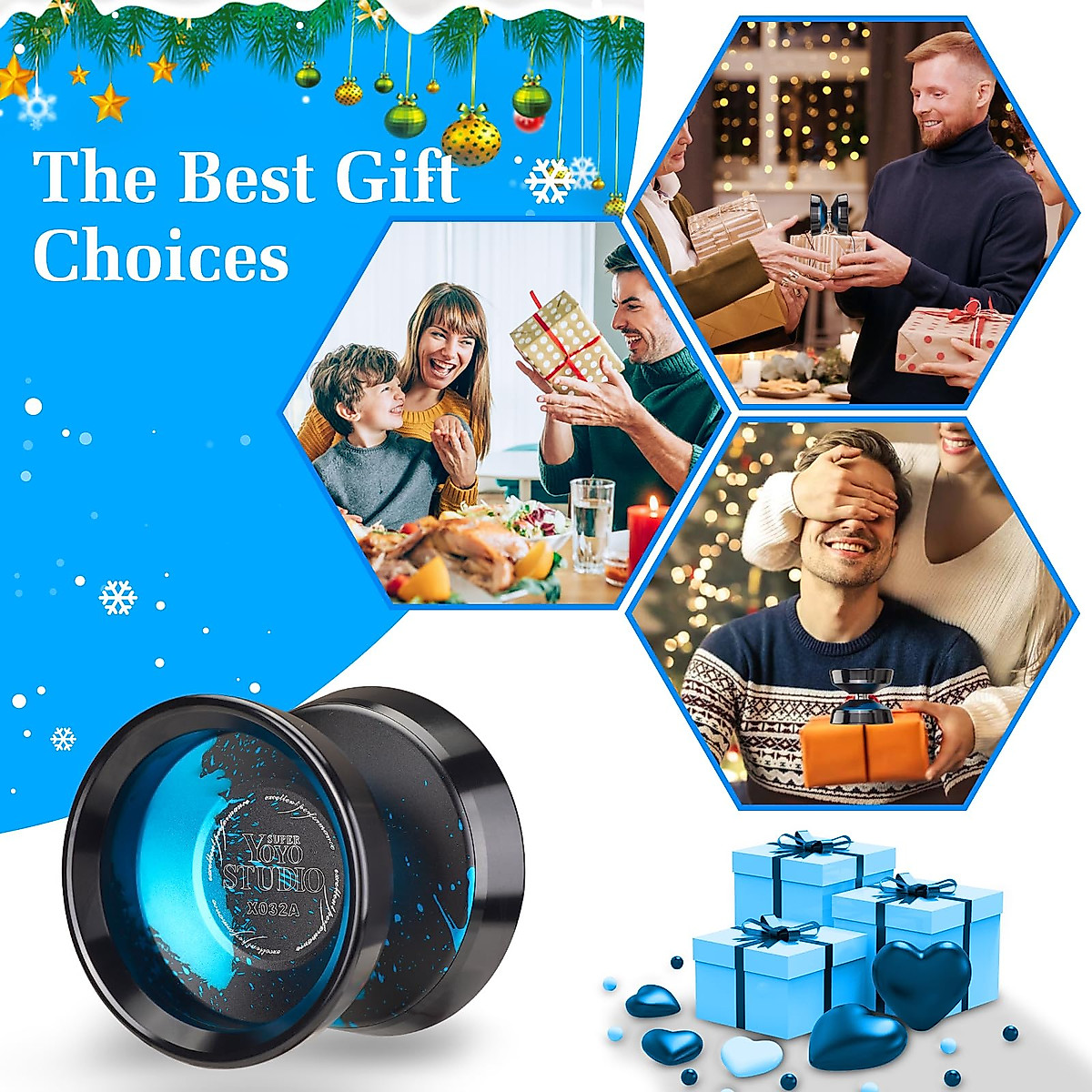 YOYOSTUDIO Yoyo Professional Unresponsive Yoyos with Dual Aluminum Alloy Rings, Pro Tricks Yo yos for Adults, Metal Yoyo for Kids Beginners with Strings, Gloves & Case Black and Blue (Black Ring)