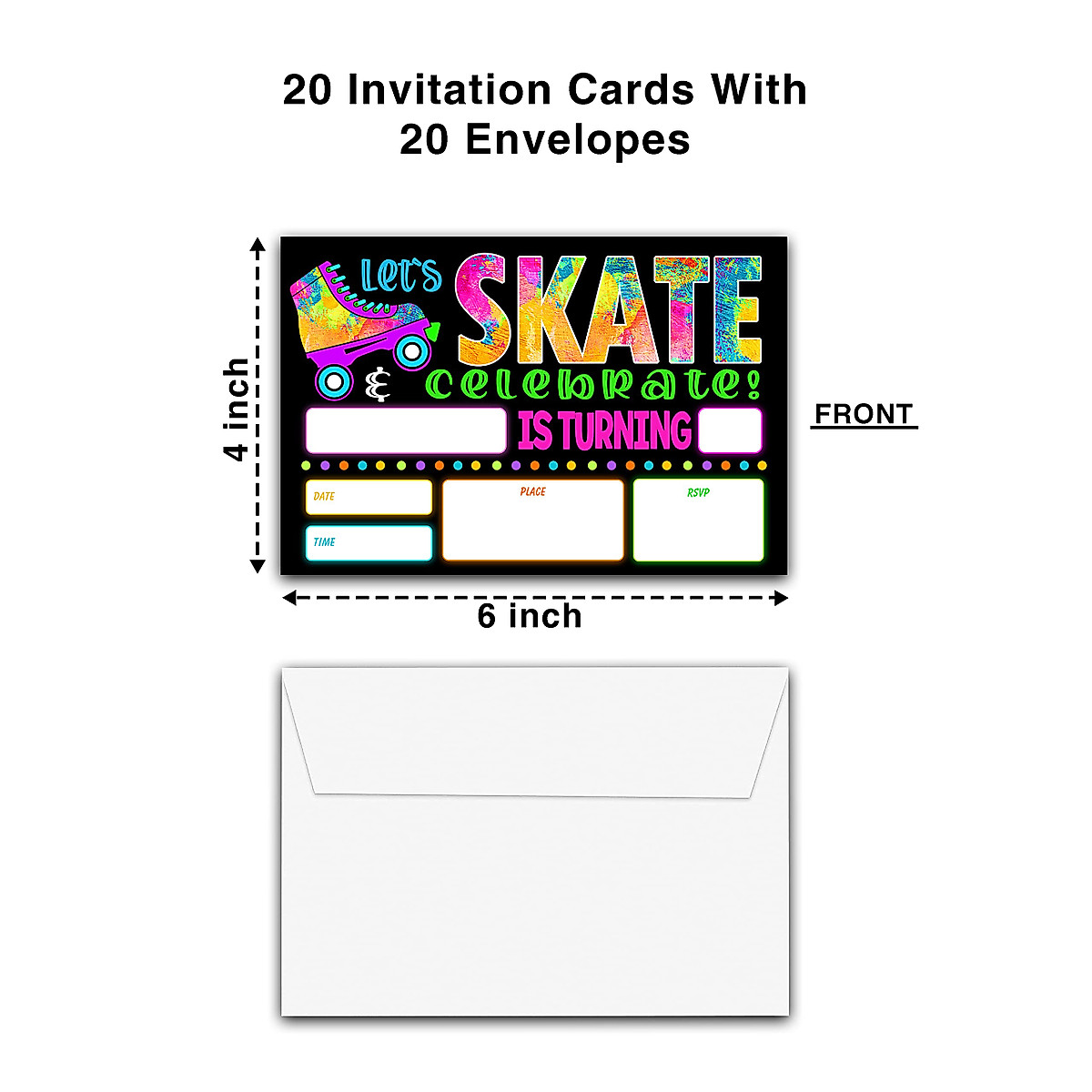 ONDTOM Tie Dye Roller Skating Birthday Party Invitations With Envelopes(4" x 6")- 20 Pack - Teenager Skate Party Invites-c19