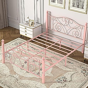 VECELO Queen Size Bed Frame with Headboard and Footboard, Heavy Duty Metal Slat Support, Platform Mattress Foundation, No Box Spring Needed, Easy Assembly, Pink