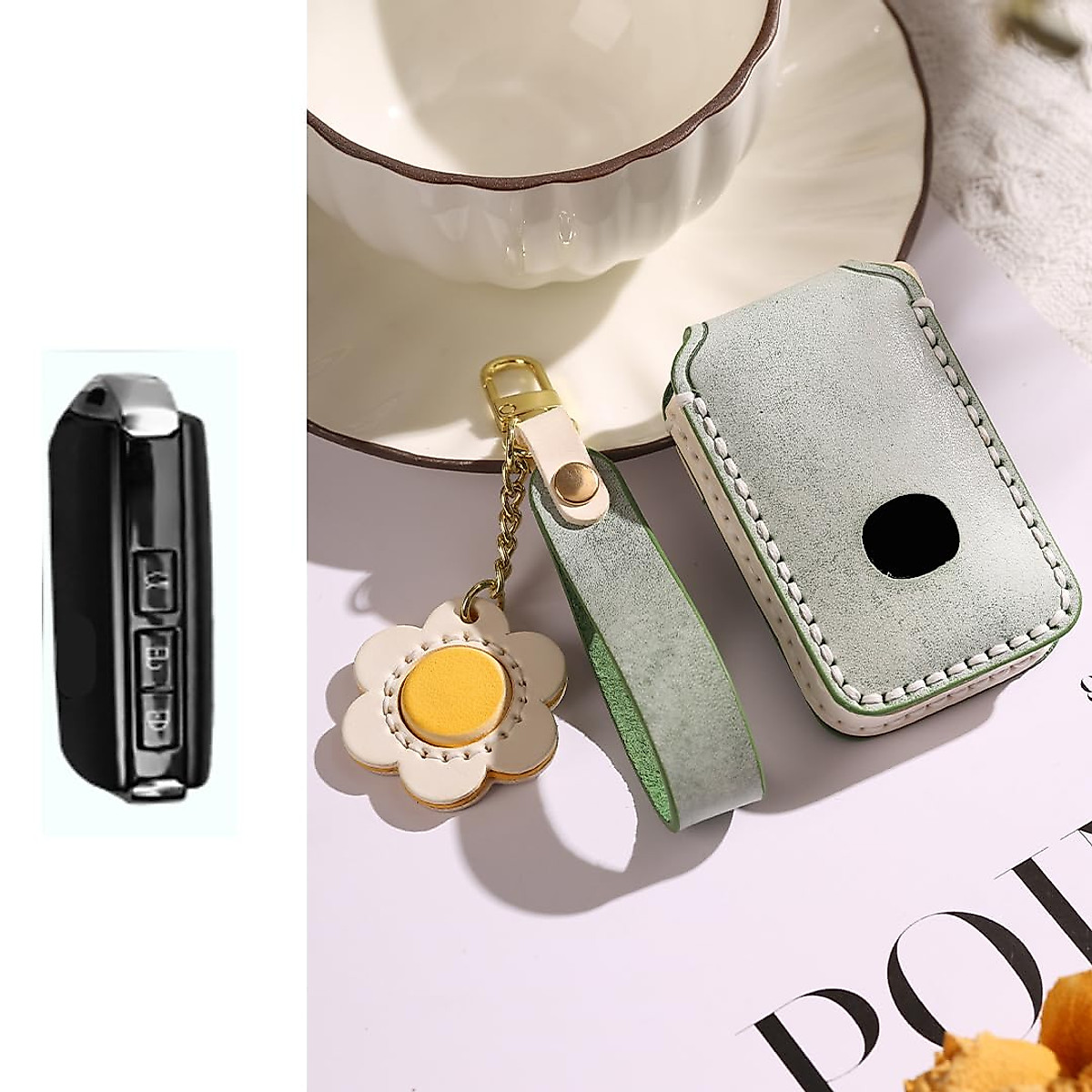 HIBEYO Leather Key Fob Cover 3 Buttons for Mazda 3 Alexa CX-30 CX-3 CX-5 CX-7 CX-9 CX-4 2020 2021 2022 Smart Remote Auto Key with Key Chains Accessories-Green