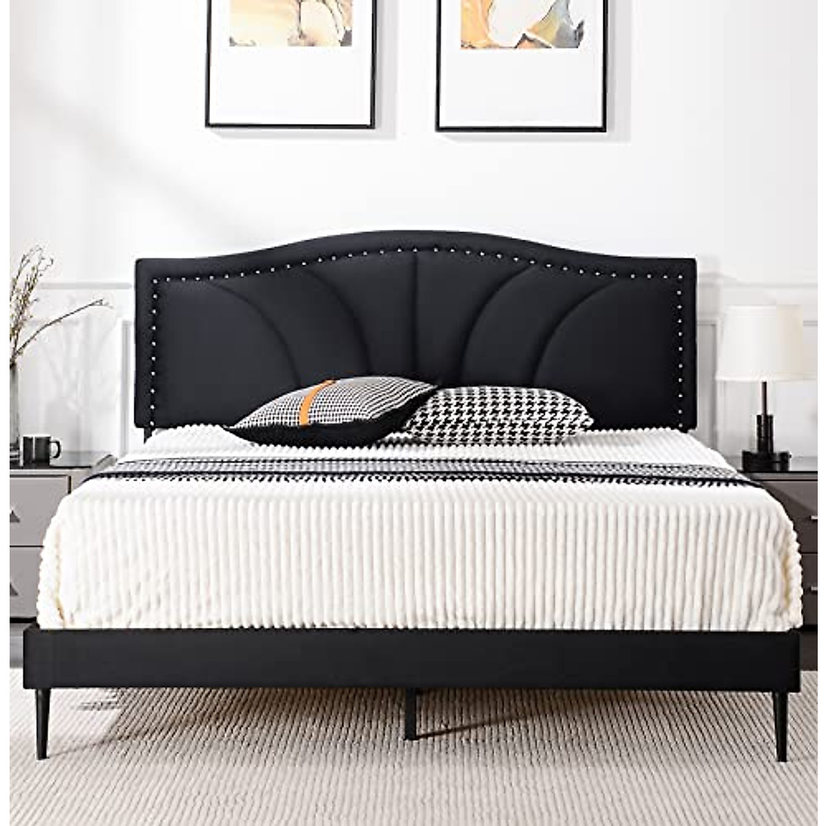 AsKmore Full Size Bed Frame,Velvet Upholstered Platform Bed with Decorative Flower Line & Nailhead Trim Headboard with Wood Slat Support,No Box Spring Needed,Easy Assembly, Black