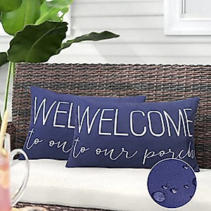 Merrycolor Pack of 2 Navy Blue Outdoor Waterproof Lumbar Pillow Covers 12x20 Decorative Waterproof Outdoor Pillows for Patio Furniture (Welcome)