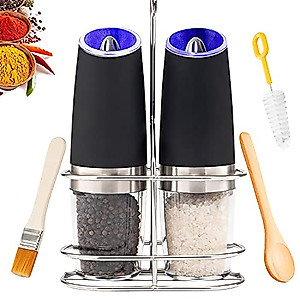 Gravity Electric Salt and Pepper Grinder Mill [Set of 2] with Blue LED Light. Flip to Grind. One Hand Operation, Adjustable Coarseness. Includes Stand, Spoon and Brush. Automatic Battery Powered
