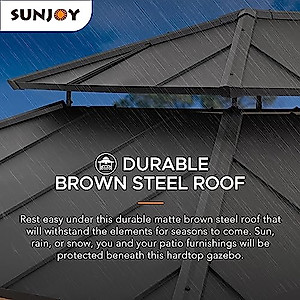 SUNJOY 12 x 16 ft. Wood Gazebo, Outdoor Patio Hardtop Gazebo, Upgrade Cedar Framed Wooden Gazebo with 2-Tier Metal Roof, Suitable for Patios, Lawn and Backyard, Dark Brown Roof + Natural Wood Frame