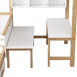 Harper & Bright Designs House Bed for Kids Full Storage Bed with Desk, Bench, Bookshelf and Drawers, Wooden Full Size Platform Bed with Guardrail, for Kids Teens Girls Boys (White + Natural)