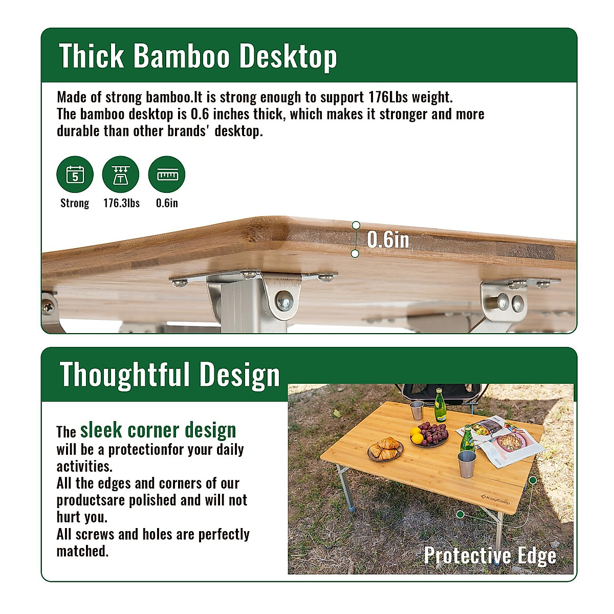 KingCamp Bamboo Folding Camping Table 4 Folds Lightweight with Adjustable Height Aluminum Legs Portable Camp Tables in Carry Bag for Indoor Outdoor Picnic Beach